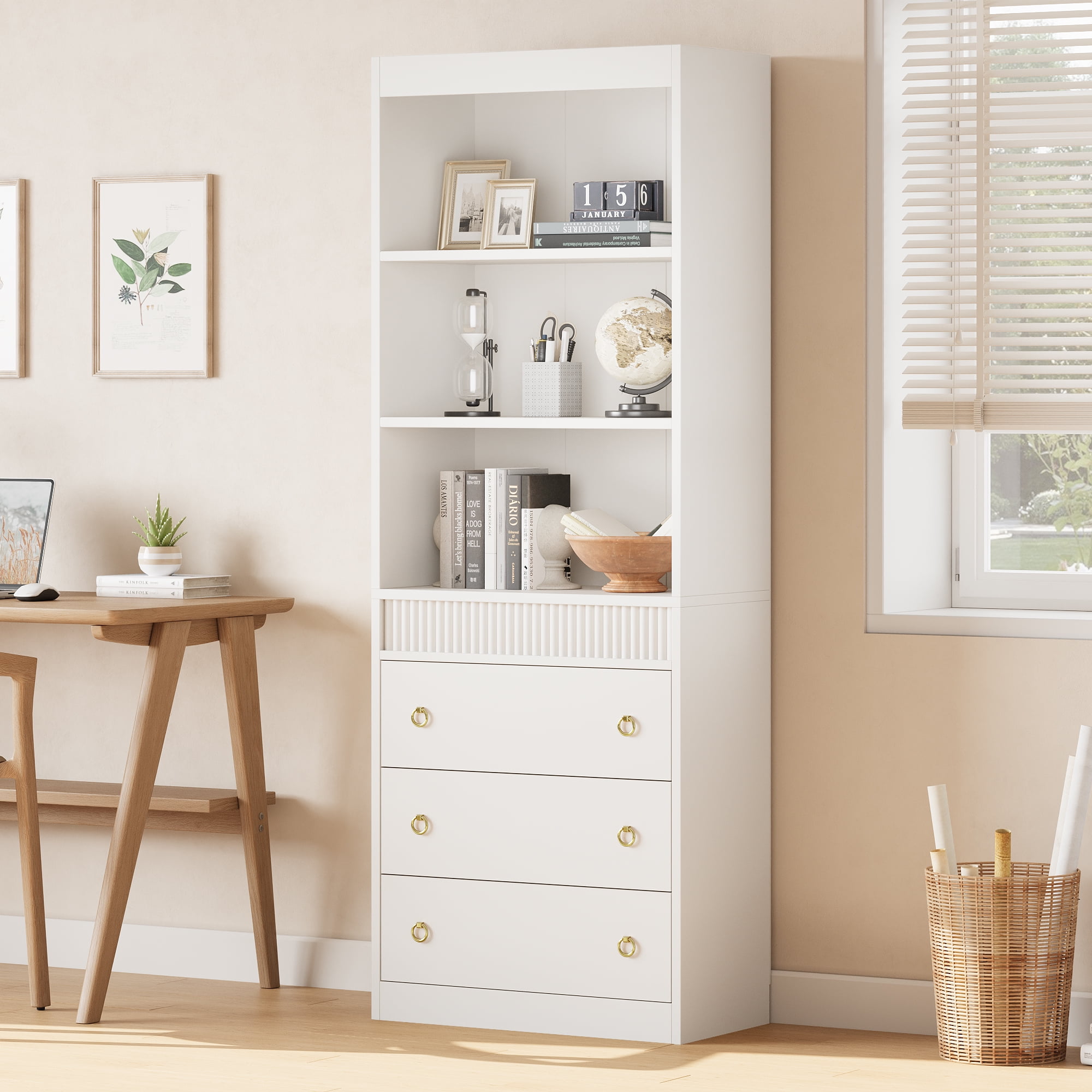 Ataucjin 70.8" Fluted Bookcase,6 Tier Bookshelf with Drawers&Storage ...