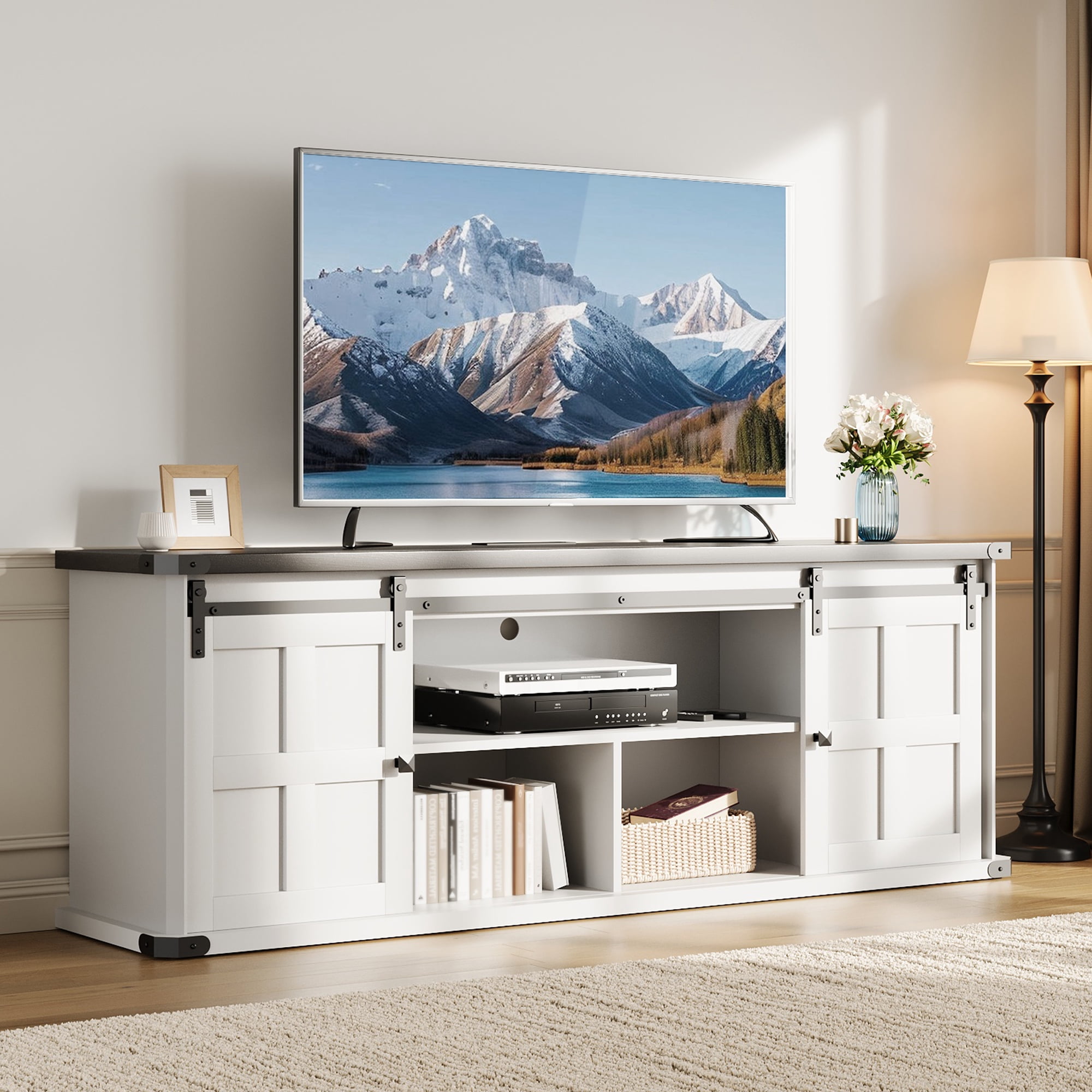 Ataucjin 70 inch Farmhouse TV Stand for 75 in TVs, Modern Entertainment ...