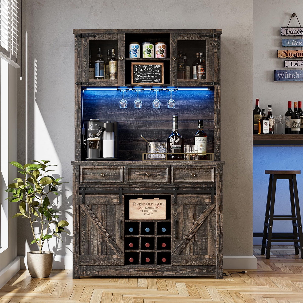 Ataucjin 72" Modern Farmhouse Coffee Bar Cabinet with LED Lights ...
