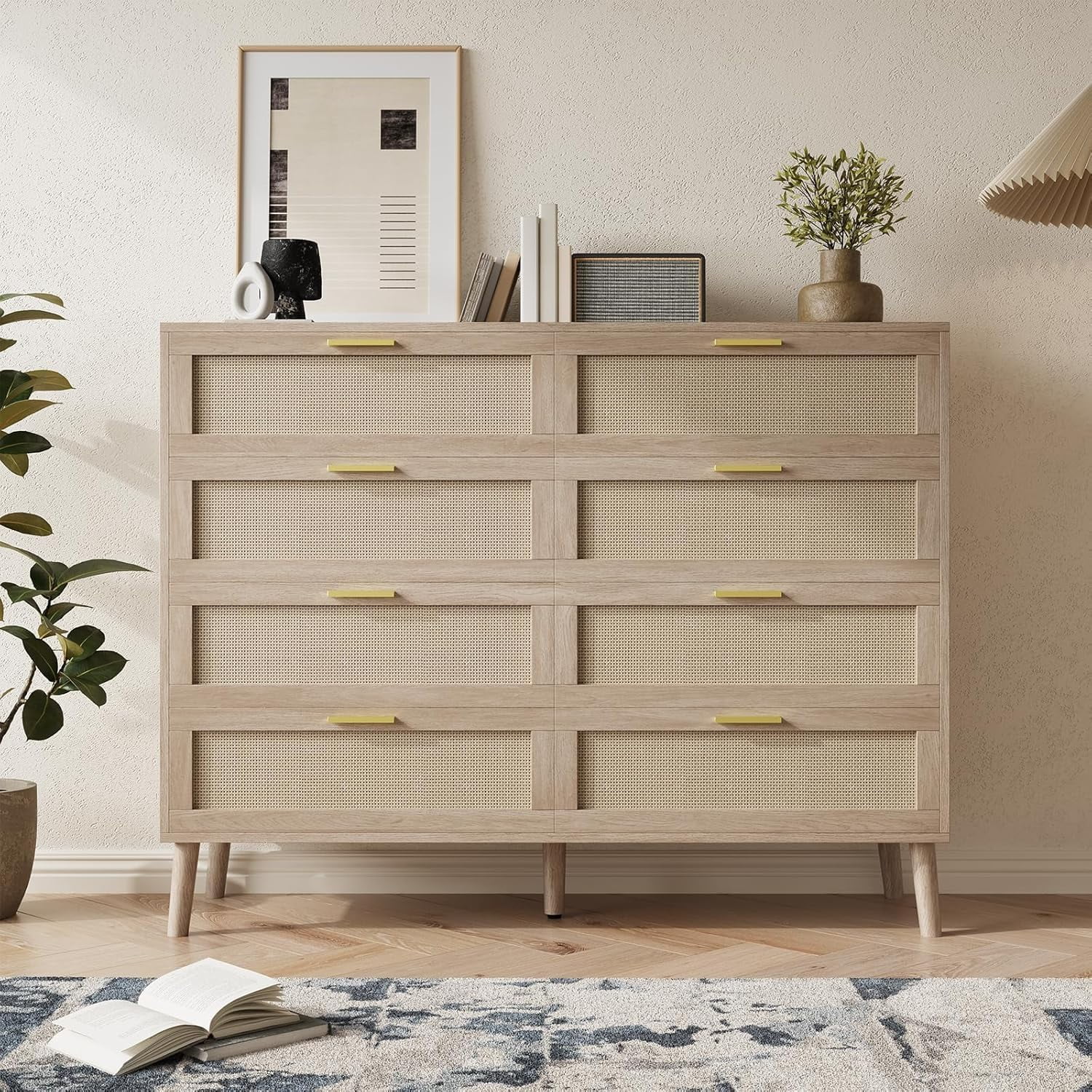 Ataucjin 8 Drawer Dresser Rattan Chest Of Dressers Mid Century Modern ...