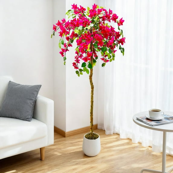 Ataucjin Artificial Bougainvillea Tree in White Pot Faux Blooming Plant ...