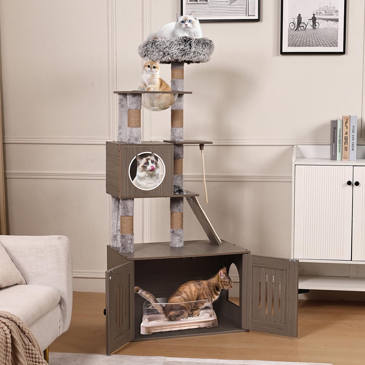 Ataucjin Cat Tree with Litter Box Enclosure, Hidden Washroom Litter Box ...