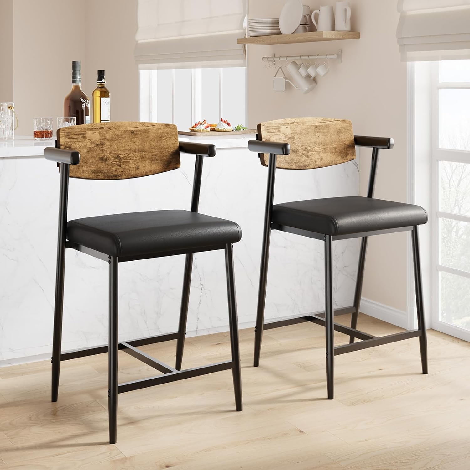 Ataucjin Counter Height Bar Stools Set of 2 With Arms, 26" Upholstered ...