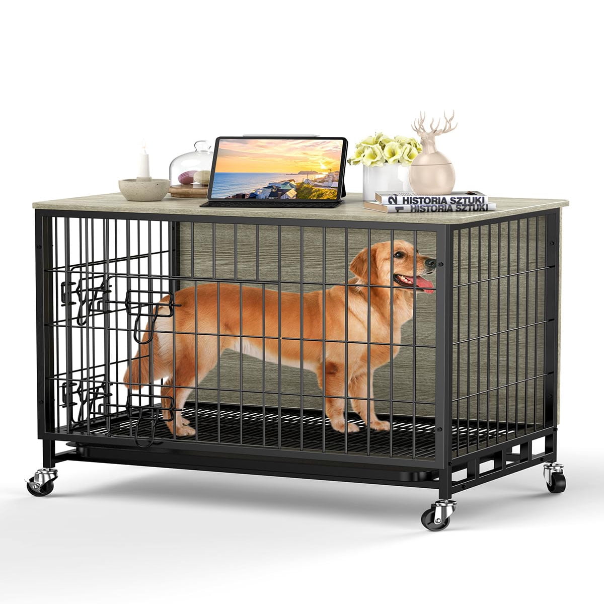 Ataucjin Dog Crate Furniture, 27.2inch Wooden Dog Kennel with Wheels ...