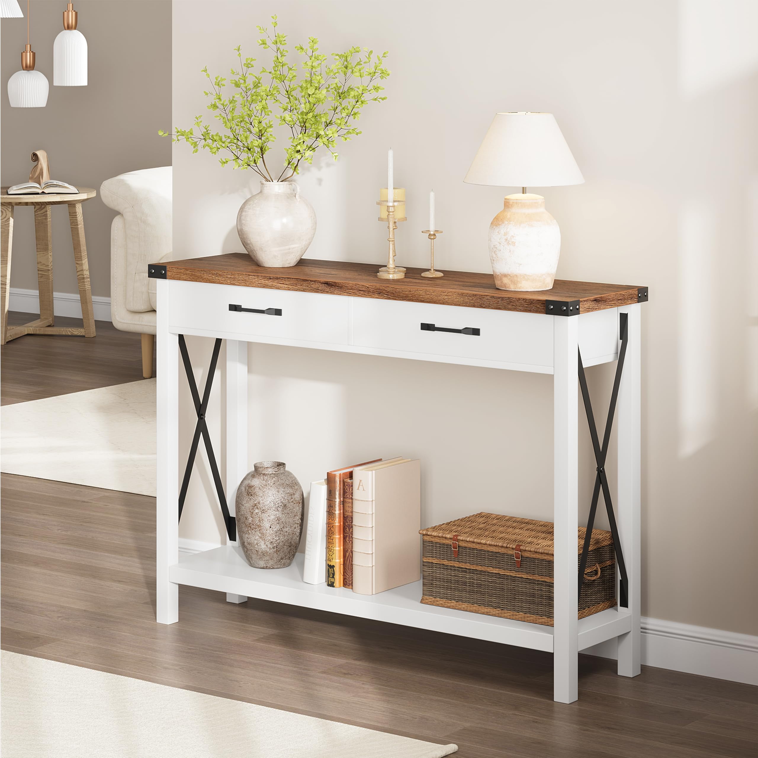 Ataucjin Entryway Table, 43" Farmhouse Console Table, 2-Tier Wood Sofa ...