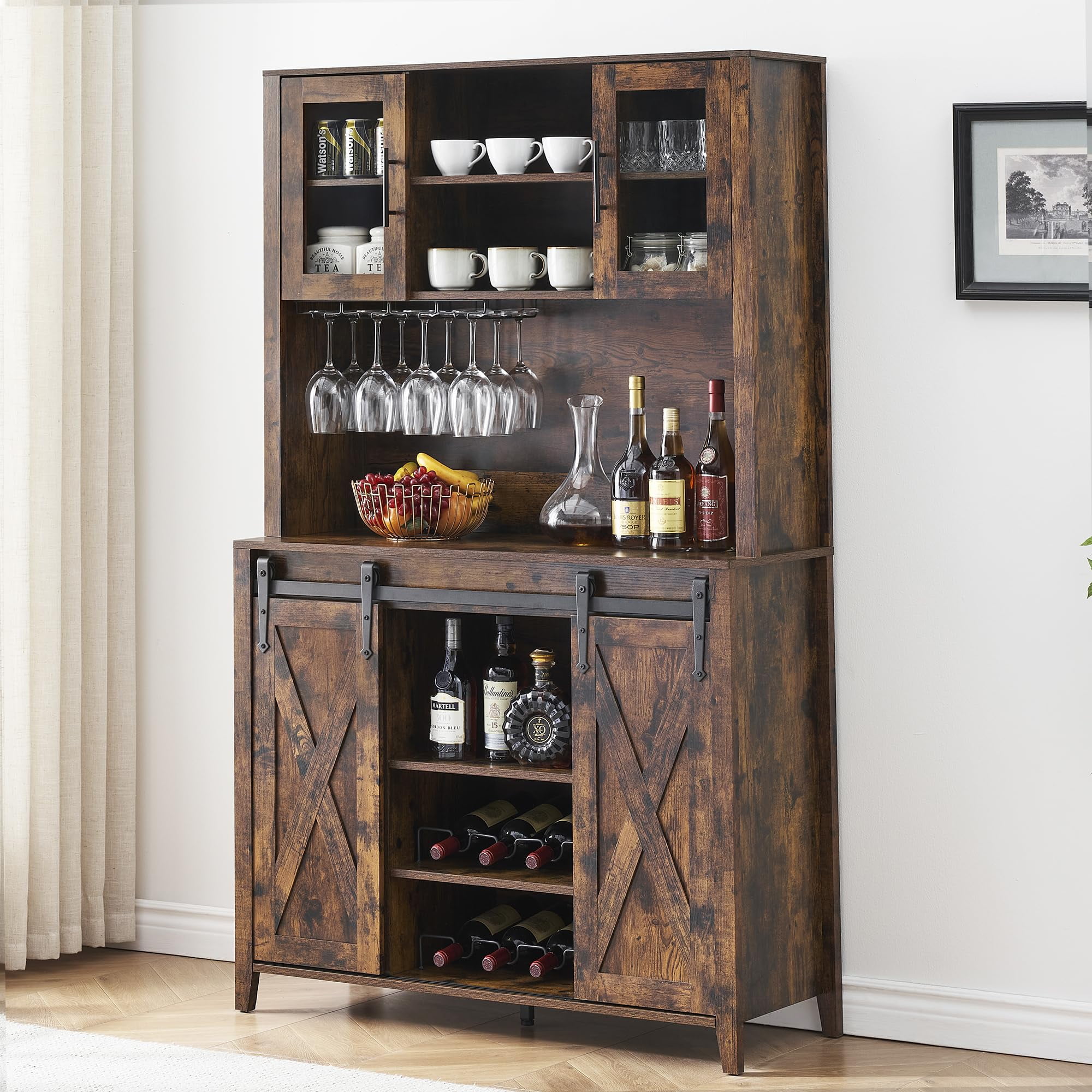 Ataucjin Farmhouse Bar Cabinet with Sliding Barn Door 69" Rustic Liquor ...
