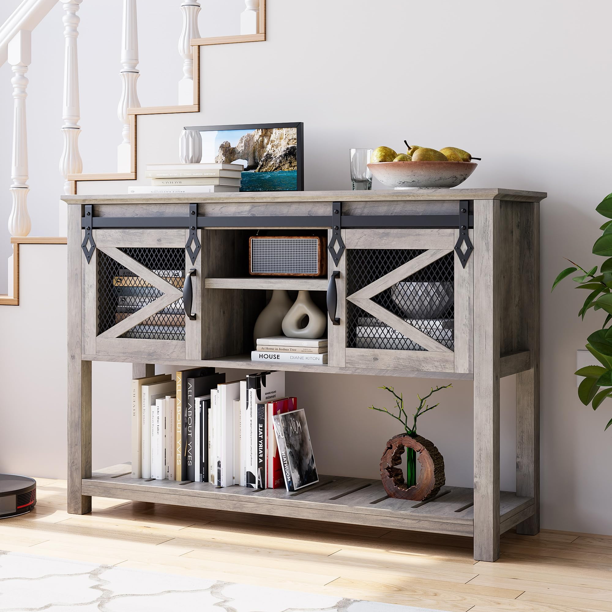 Ataucjin Farmhouse Entryway Table with Sliding Barn Doors, Sofa Table with Storage and Open ...