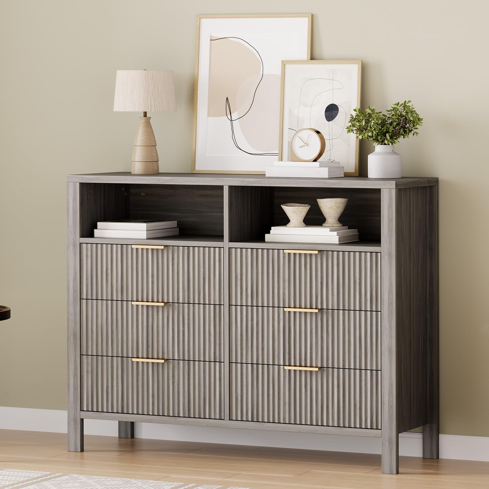 Ataucjin Fluted 6 Drawer Dresser for Bedroom,47.2" Wide Modern Wooden ...