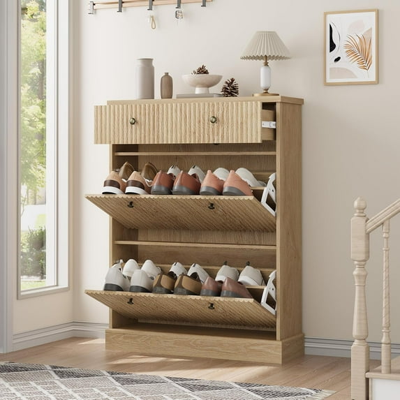 Ataucjin Fluted Shoe Storage Cabinet with 2 Flip Drawers & Top Drawer ...
