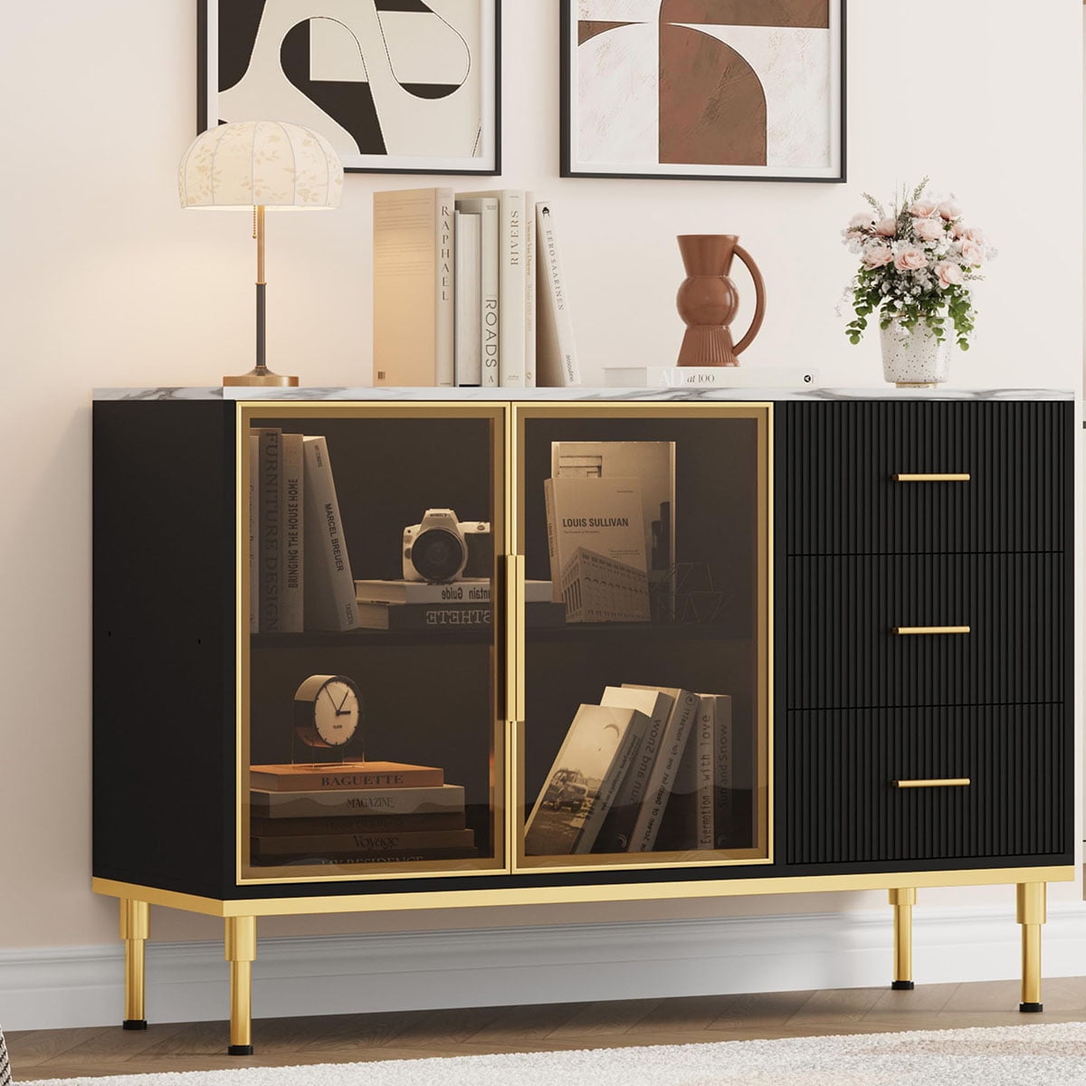 Ataucjin Fluted Sideboards Buffets Cabinet with Glass Doors, 3 Drawers ...