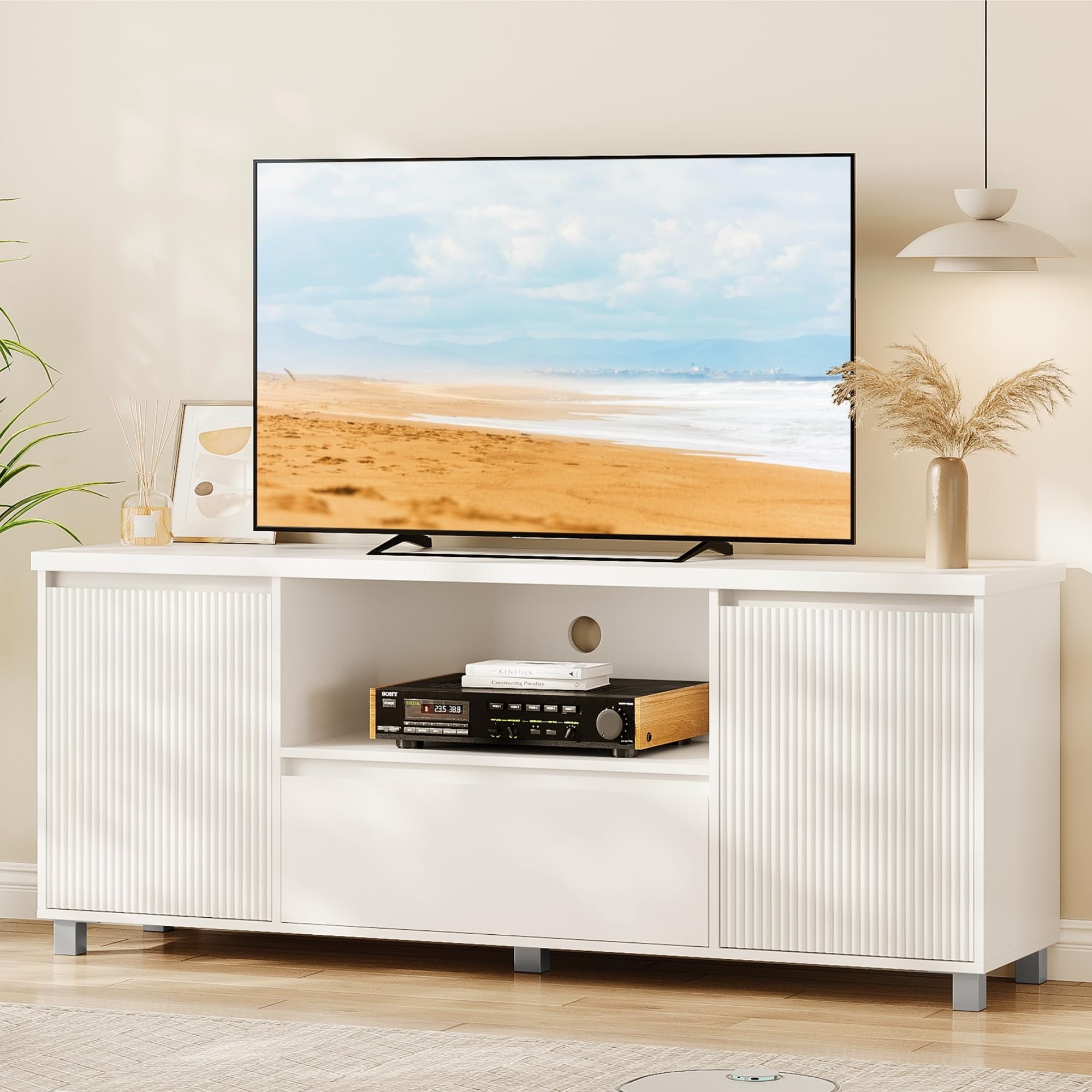 Ataucjin Fluted TV Stand For 65 Inch TV Entertainment Center With ...