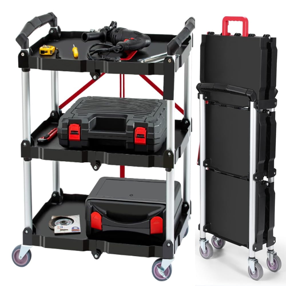 Ataucjin Foldable Utility Service Cart, 3 Shelf 165LBS Heavy Duty ...