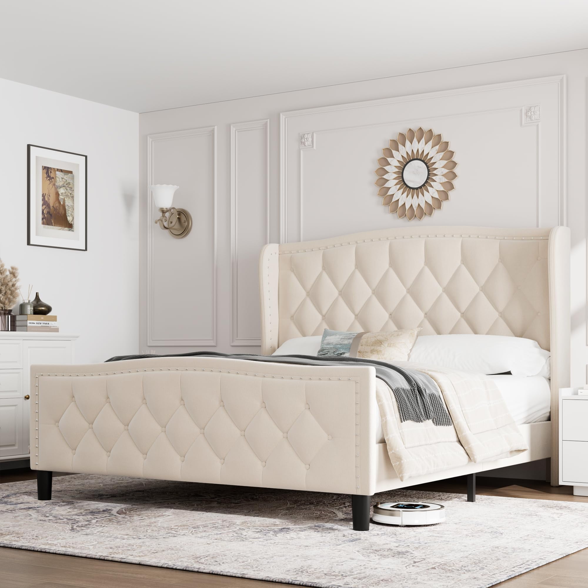 Ataucjin Full Size Bed Frame, Velvet Upholstered Platform Bed with ...