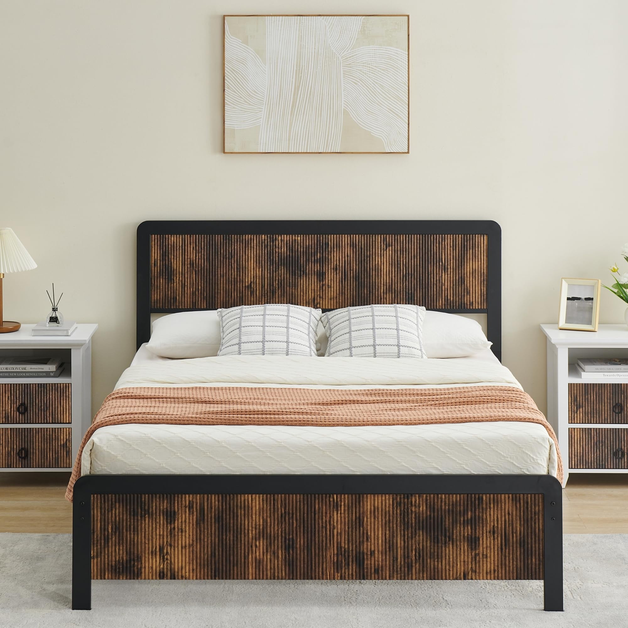 Ataucjin Full Size Bed Frame with Wave Wood Headboard, Full Platform ...