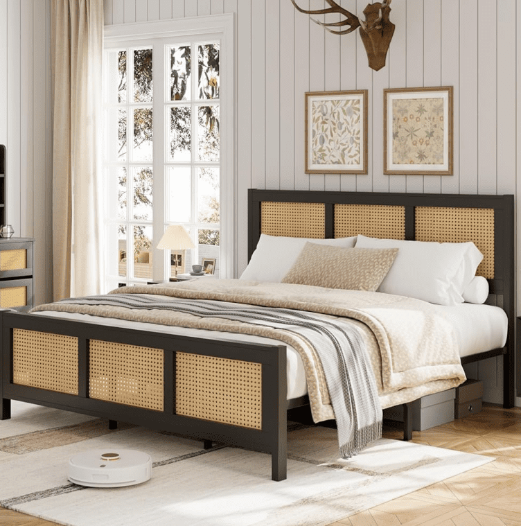 Ataucjin Full Size Rattan Bed Frame With Headboard Queen Platform Bed ...