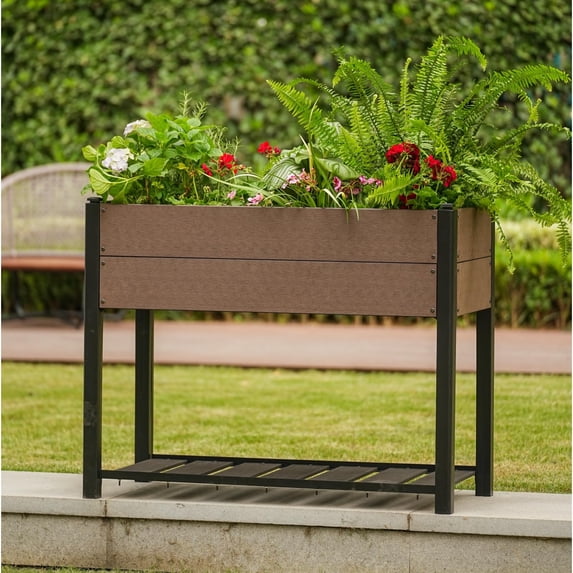 Ataucjin HDPE Elevated Garden Bed with Storage Shelf - Wood Grain ...
