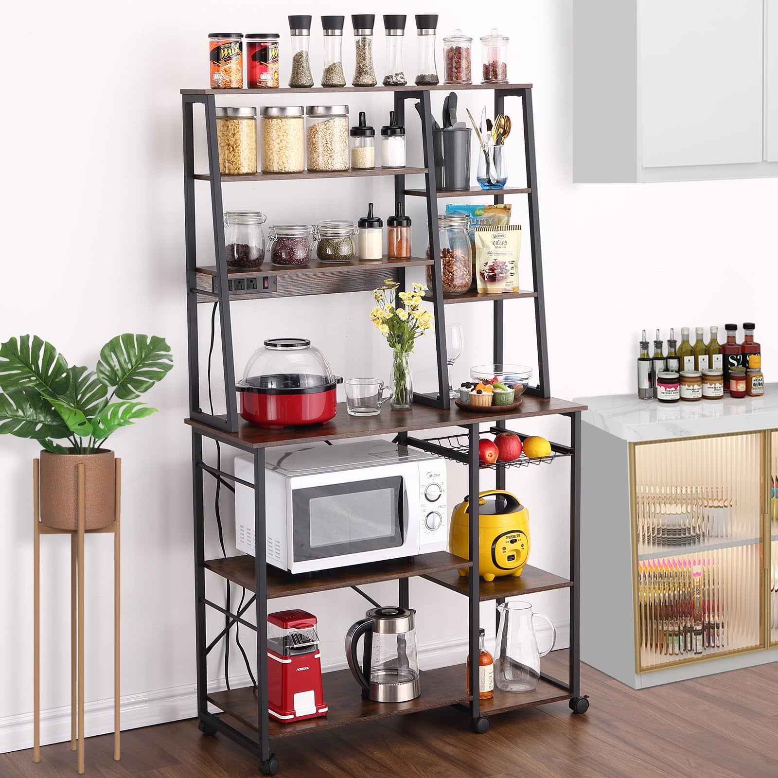 Ataucjin Kitchen Bakers Rack with Power Outlet, Microwave Stand Coffee ...