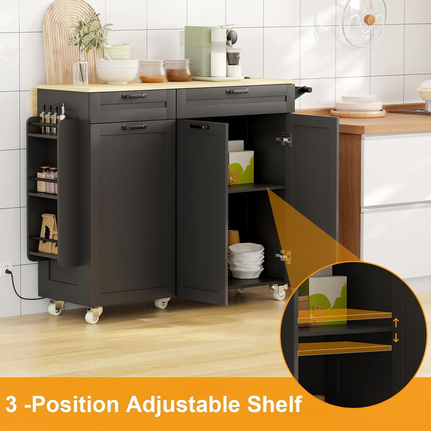 Ataucjin Kitchen Island with Trash Can Storage Cabinet, Kitchen Cart ...