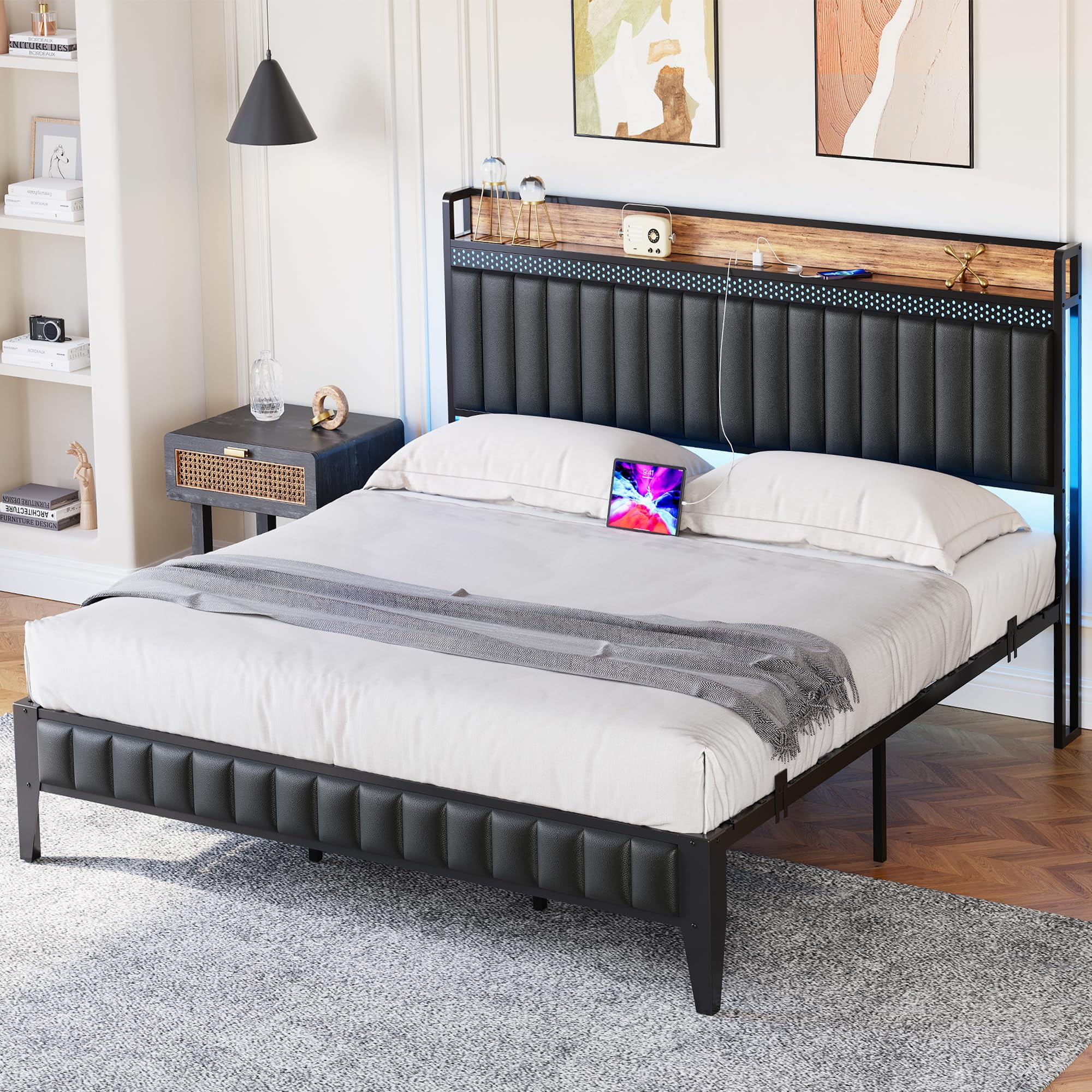 Ataucjin LED Full Size Bed Frame With Storage Headboard,Upholstered ...