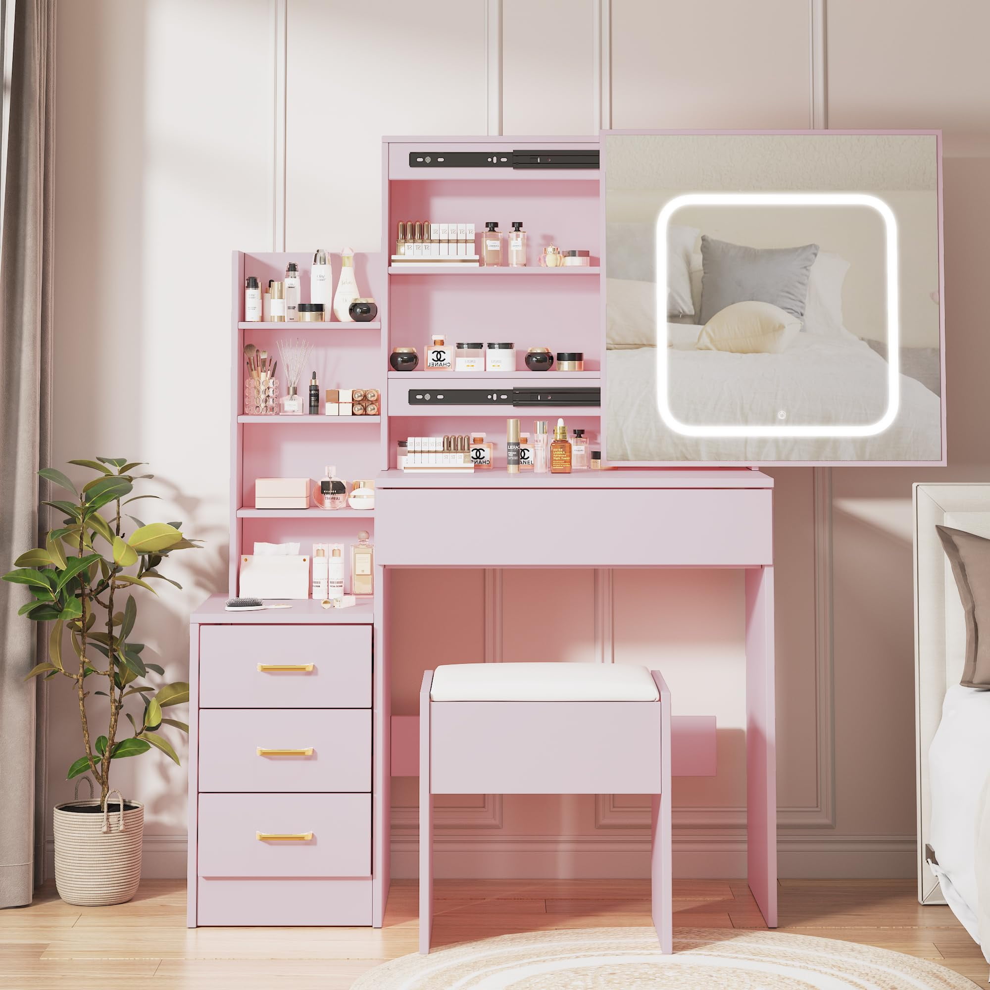 Ataucjin Makeup Vanity Desk With Sliding Mirror And Lights Makeup ...