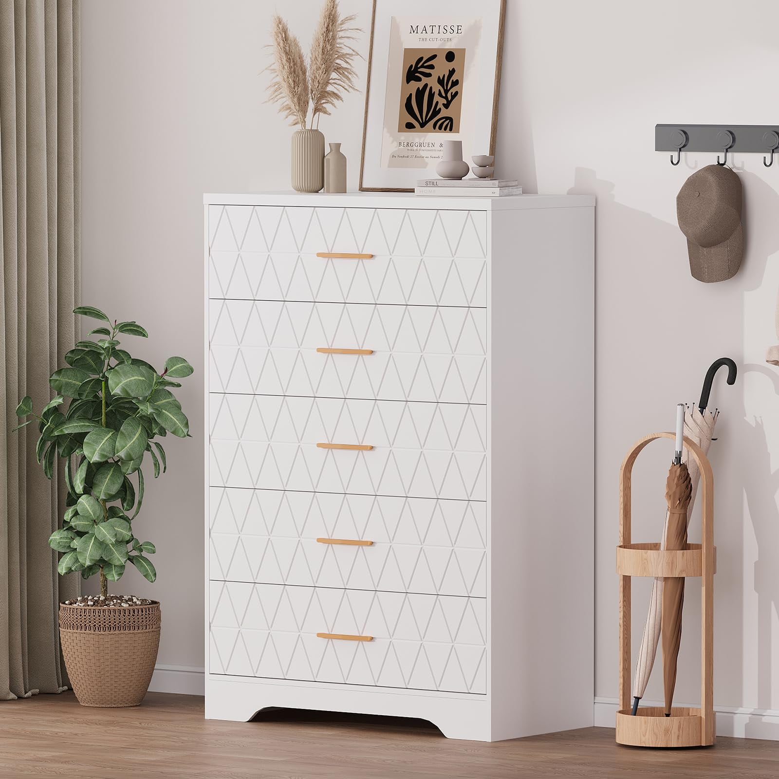 Ataucjin Modern 5 Drawer Dresser, Wooden Chest of Drawers with Gold ...
