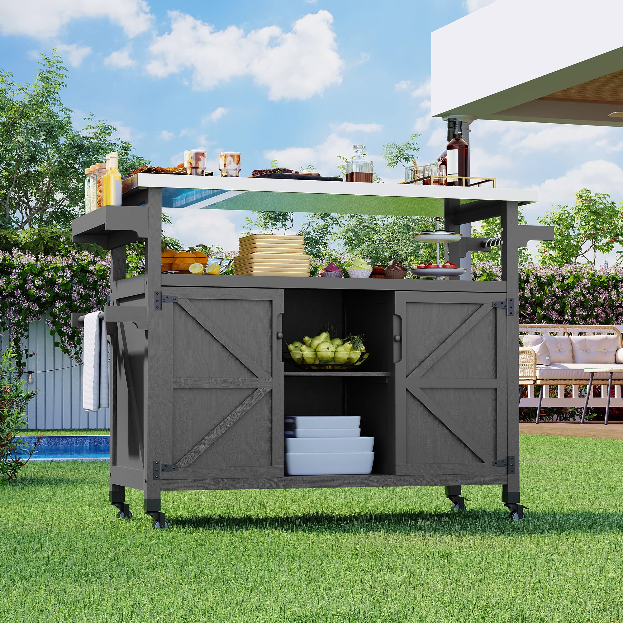 Ataucjin Outdoor Grill Cart with Storage Cabinet,Farmhouse Solid Wood ...