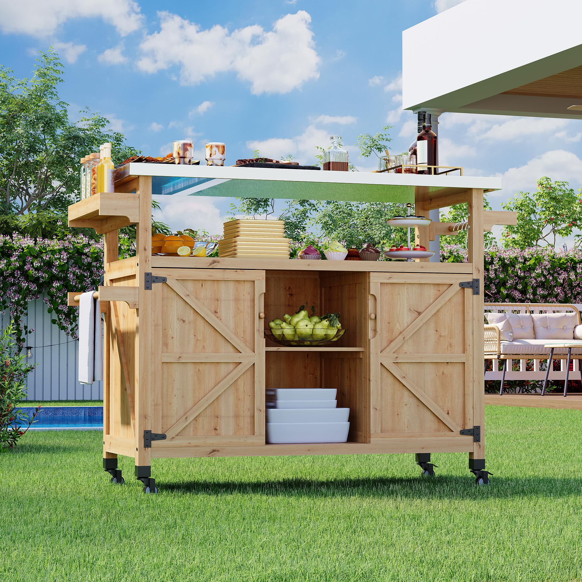 Ataucjin Outdoor Grill Cart with Storage Cabinet,Farmhouse Solid Wood ...