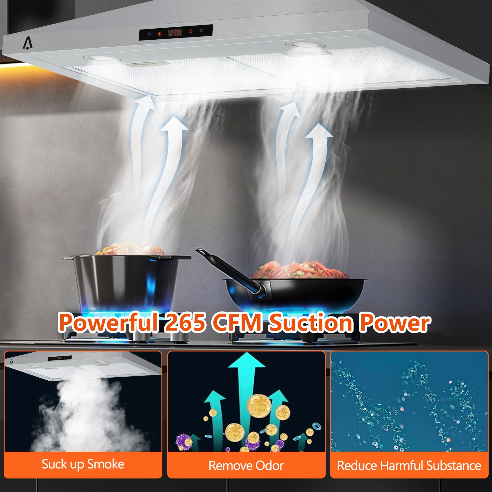 Ataucjin Range Hood 30 inch, 265 CFM Wall Mount Vent Hood for Kitchen ...