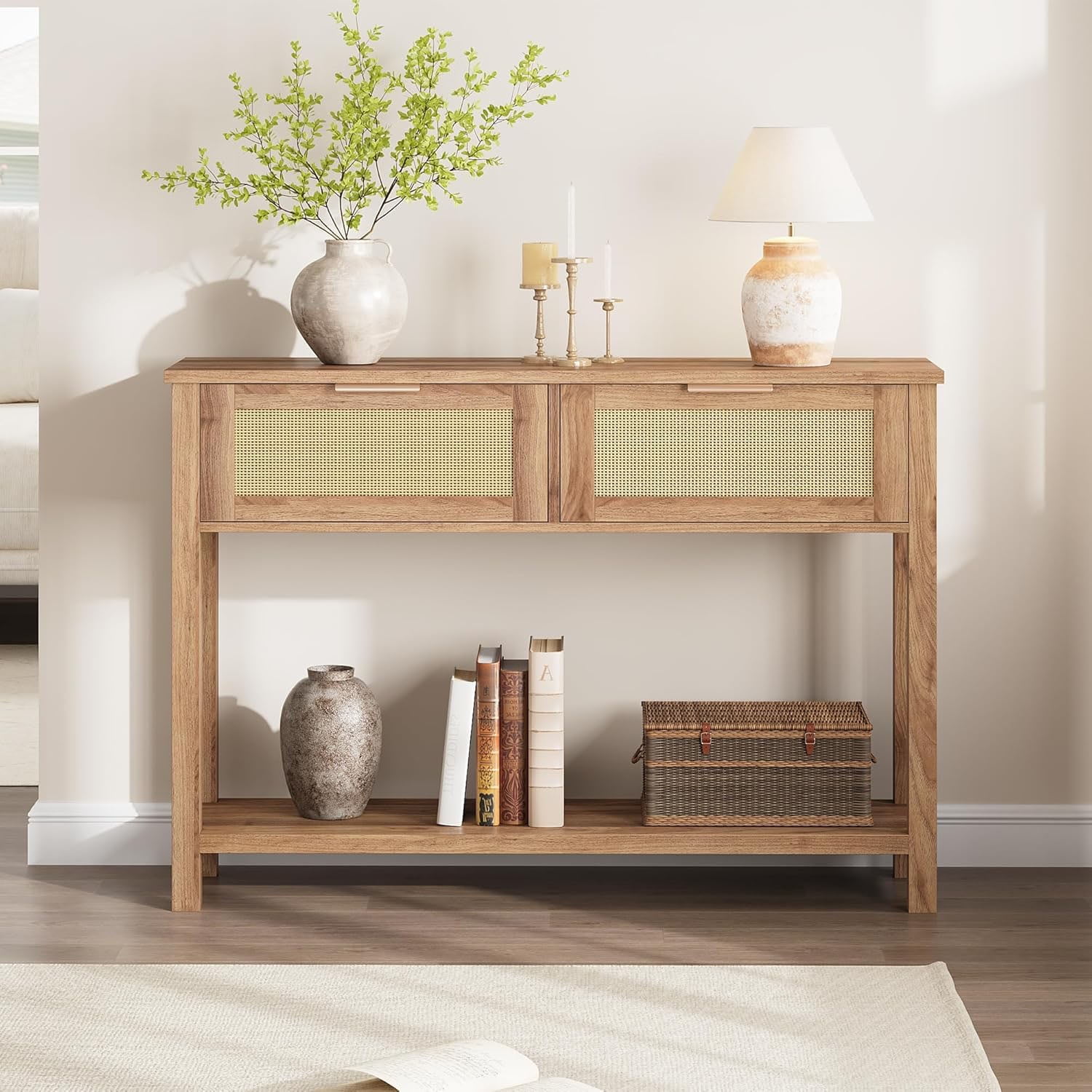 Ataucjin Rattan Console Table with 2 Drawers, Wooden Entryway Table ...