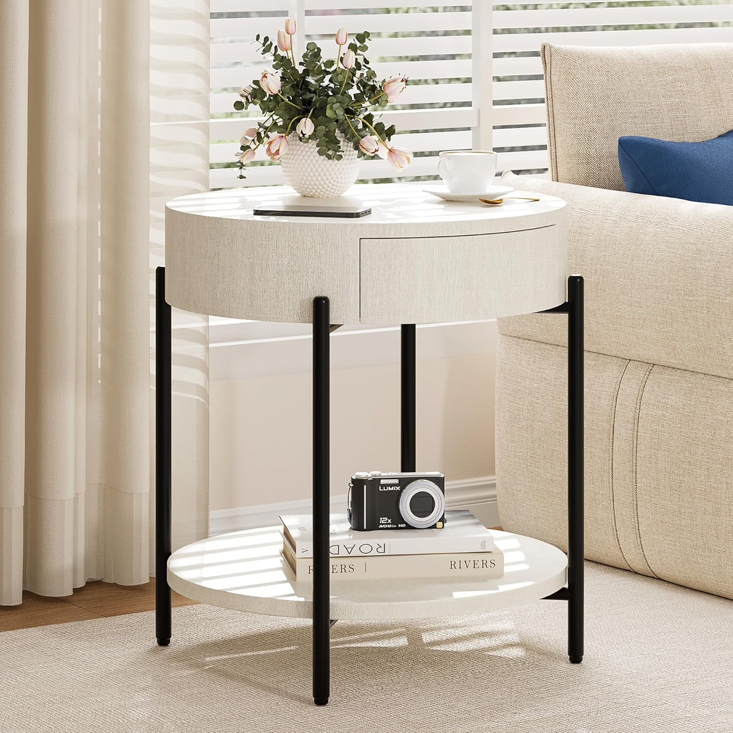 Ataucjin Round End Table Wood Side Table with Drawer Farmhouse Circle ...