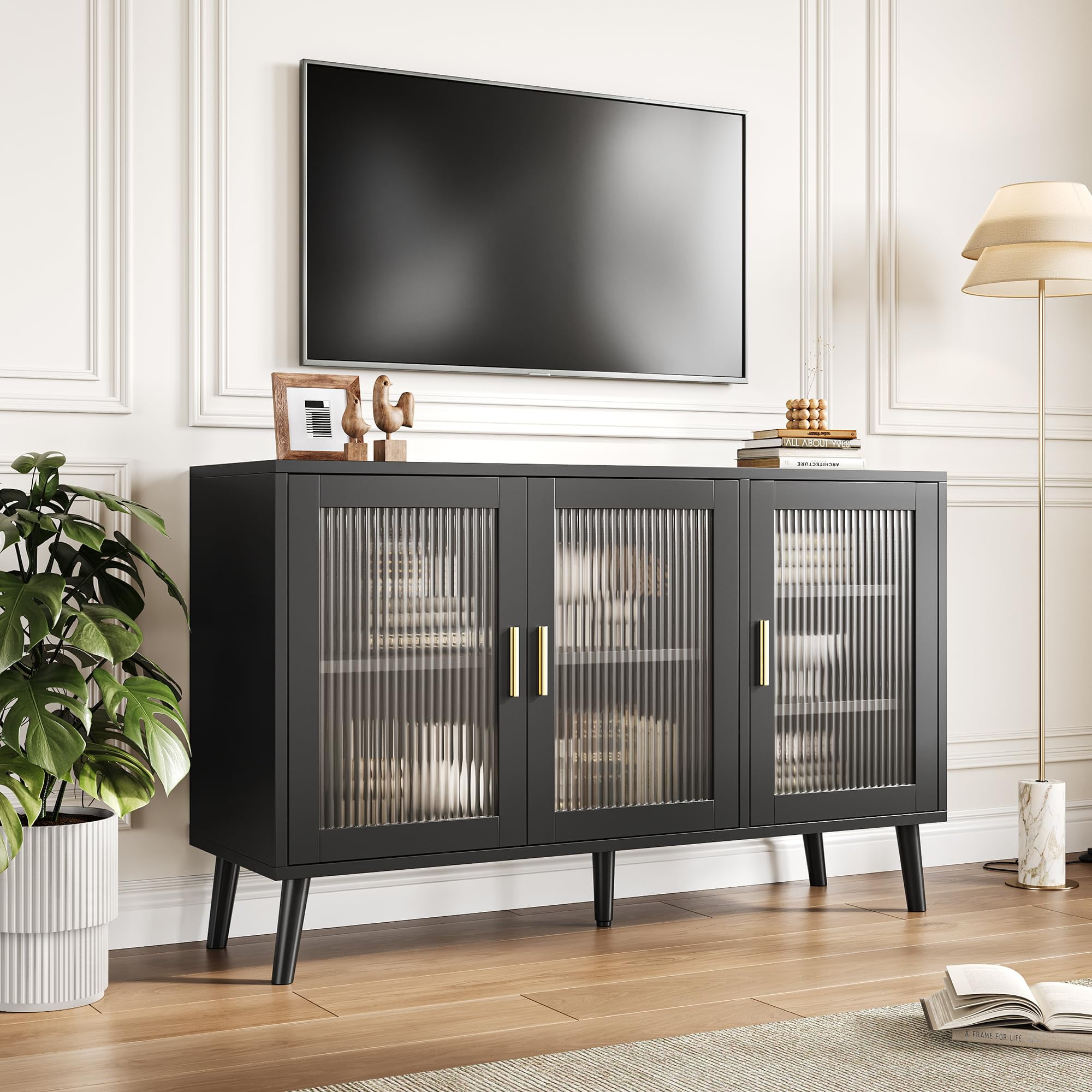 Ataucjin Sideboard Buffet Cabinet With 3 Glass Doors,48" Buffet Cabinet ...