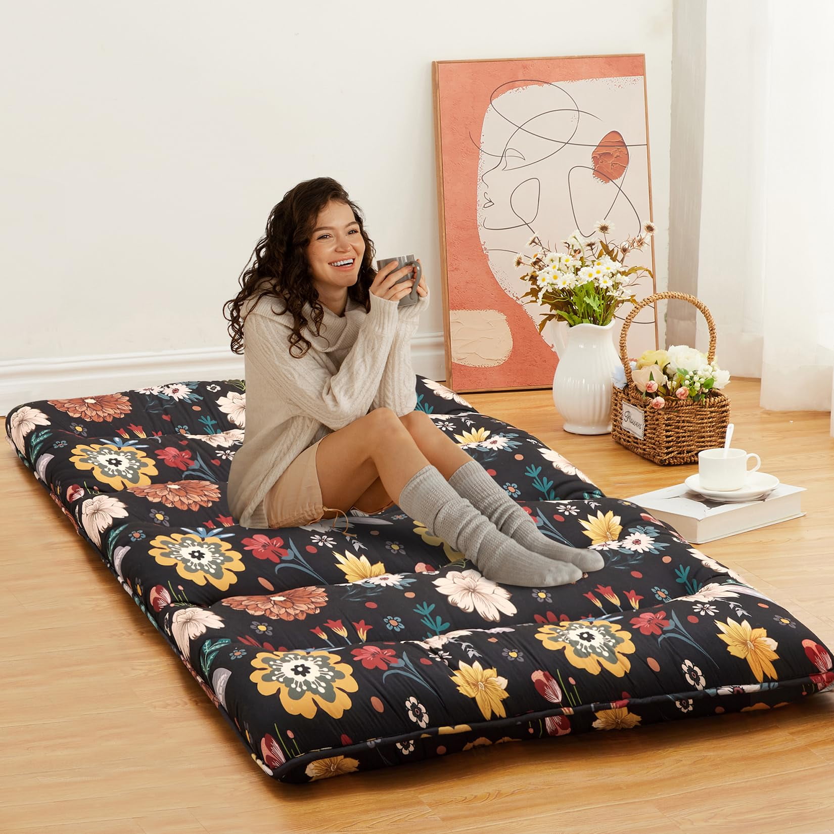 Ataucjin Twin Size Japanese Futon Floor Mattress, 3 Inch Thick Floral ...