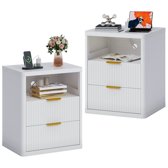 Ataujin Fluted Nightstand, Bedside Table with Built-in Charging Station ...