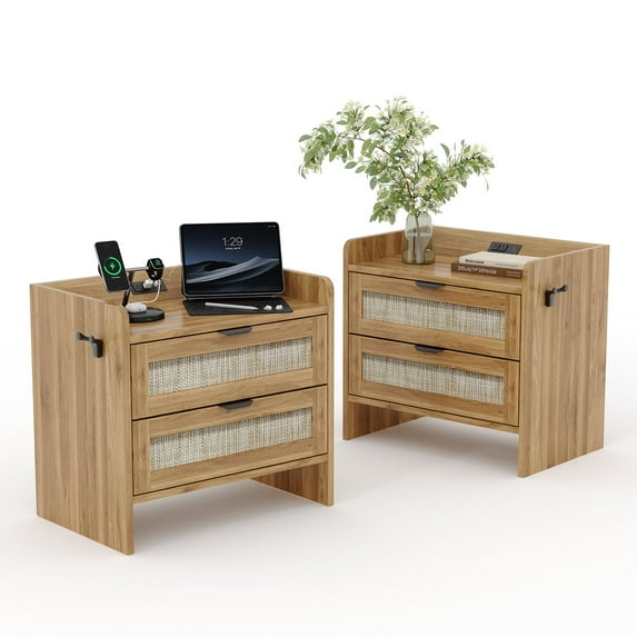 Ataujin Rattan Nightstand , Bedside Table, Boho Night Stand with Type-C ...