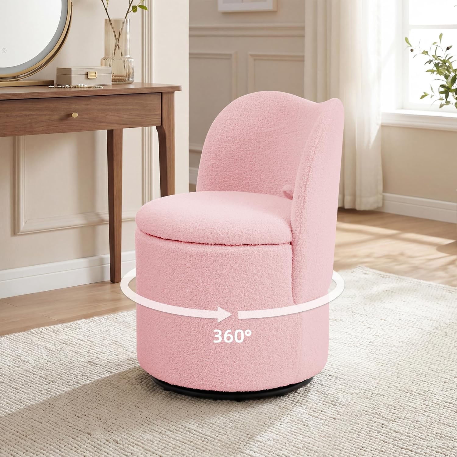Ataujin Swivel Teddy Vanity Chair with Storage, Vanity Stool with Back ...