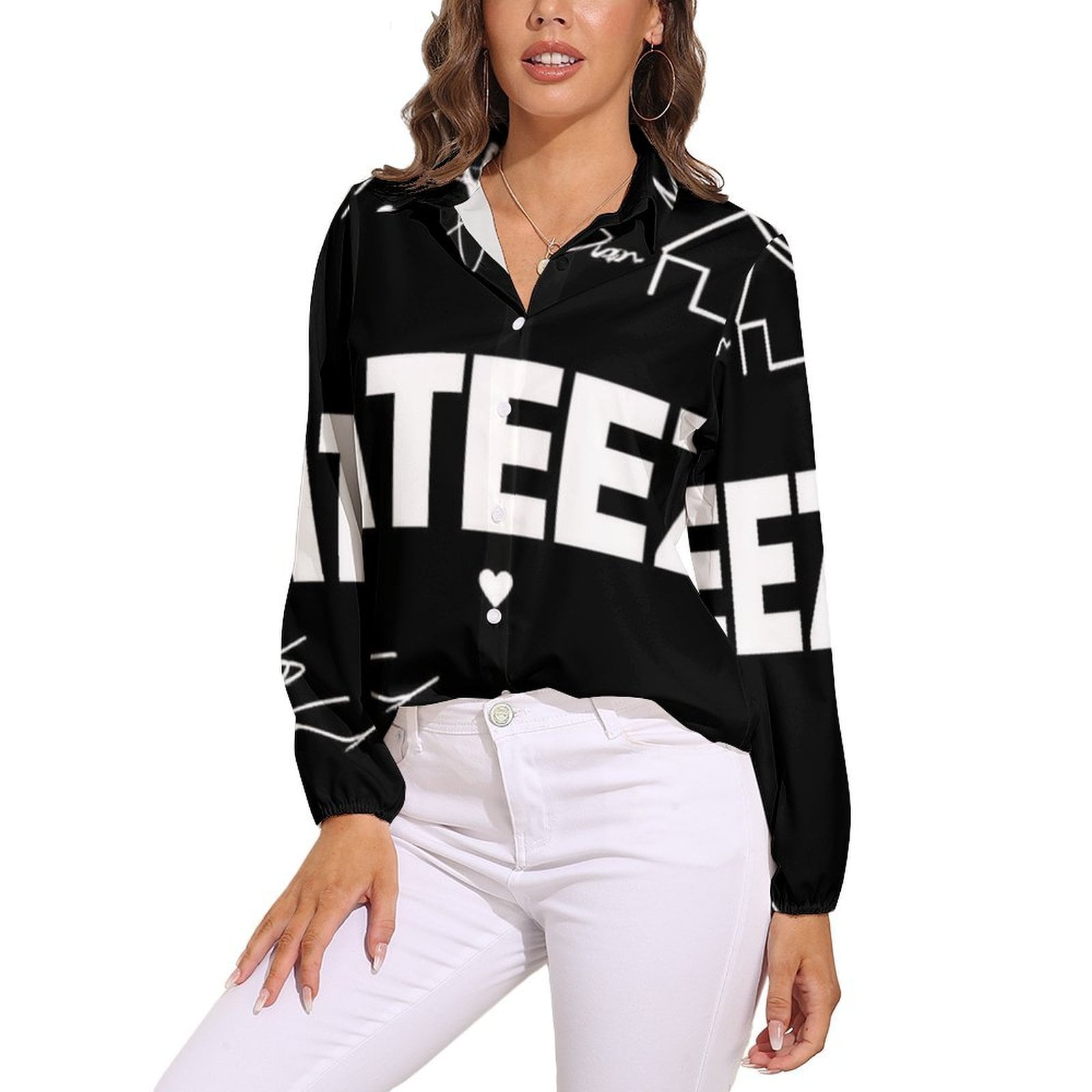 Ateez Signature Art Print Vntage Casual Long Sleeve Shirt Blouse Woman ...