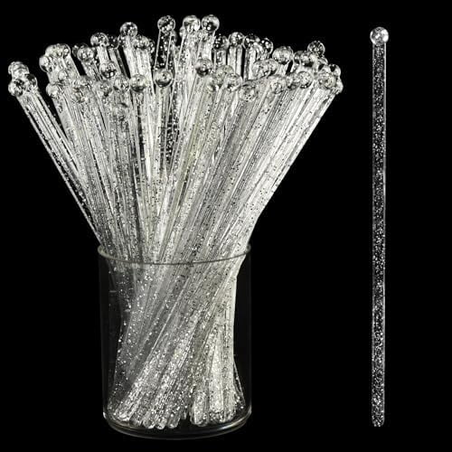 Atefa 50 Counts Silver Glitter Plastic Swizzle Sticks, Crystal Cake ...