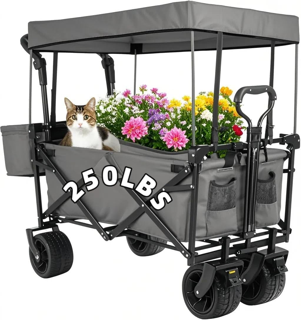 AthLike Extra Large Collapsible Wagon w/Removable Canopy, 250lbs/262L ...