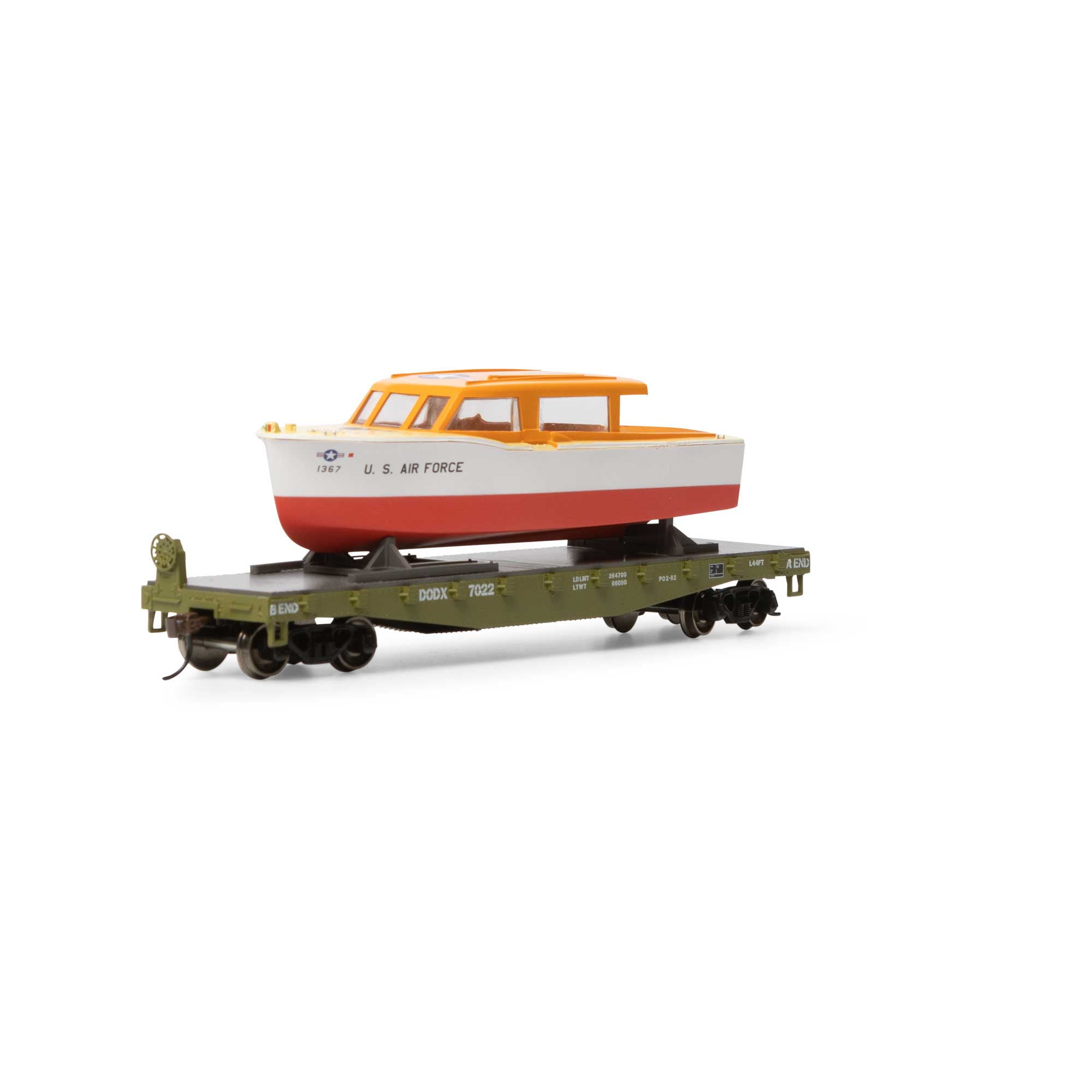 Athearn HO 40' Flat w Air Force Rescue Boat DODX #7022 RND2278 HO ...