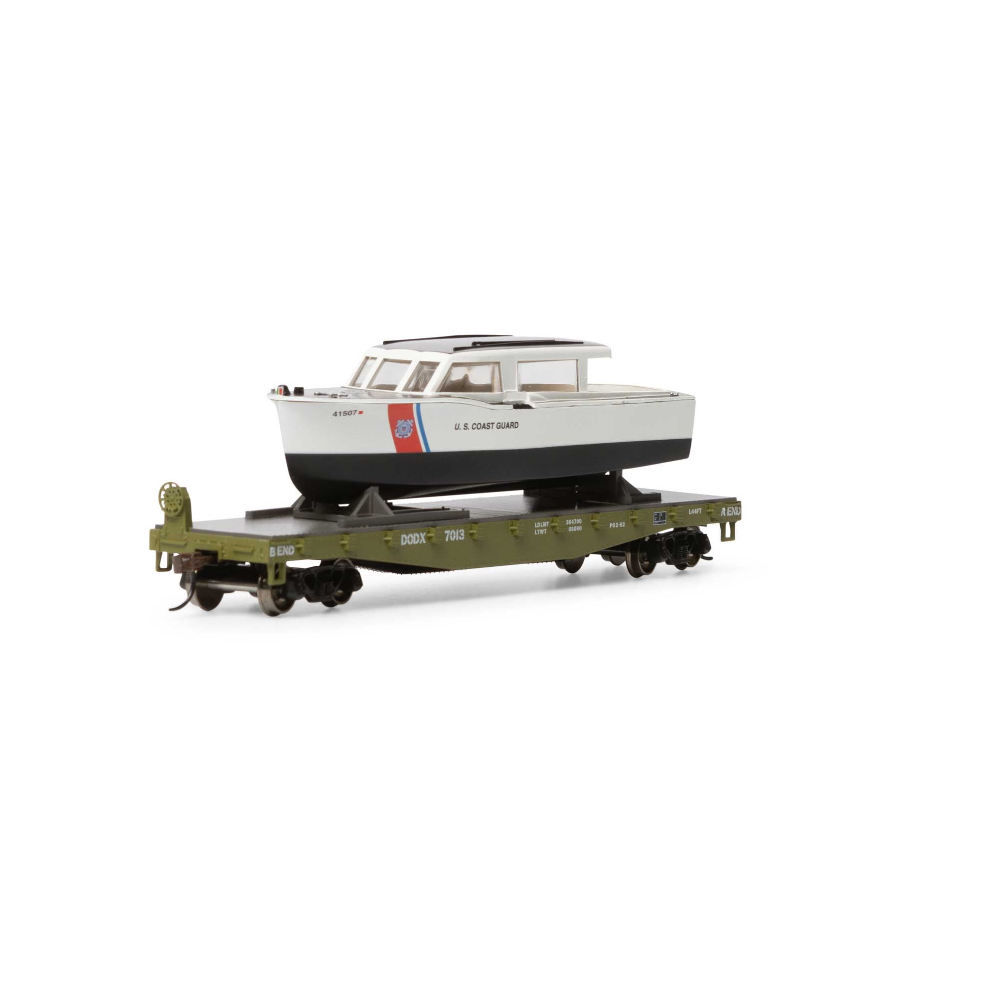 Athearn HO 40' Flat w Coast Guard Boat DODX #7013 RND2276 HO Rolling ...