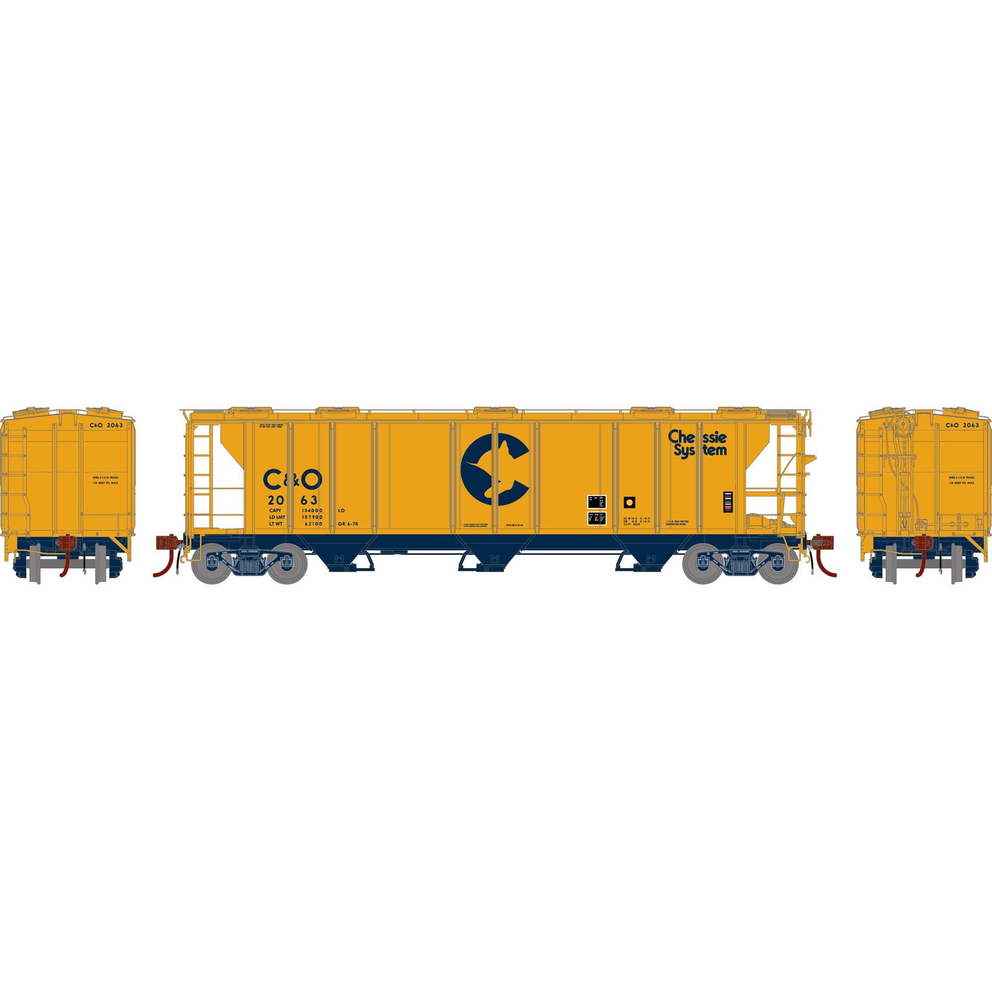 Athearn HO PS-2 2893 3-Bay Covered Hopper C&O #2063 ATHG73613 HO ...