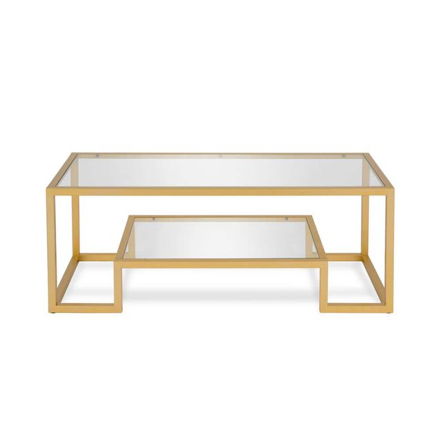 Athena 45 in. Brass/Clear Rectangle Glass Top Coffee Table with Shelf ...