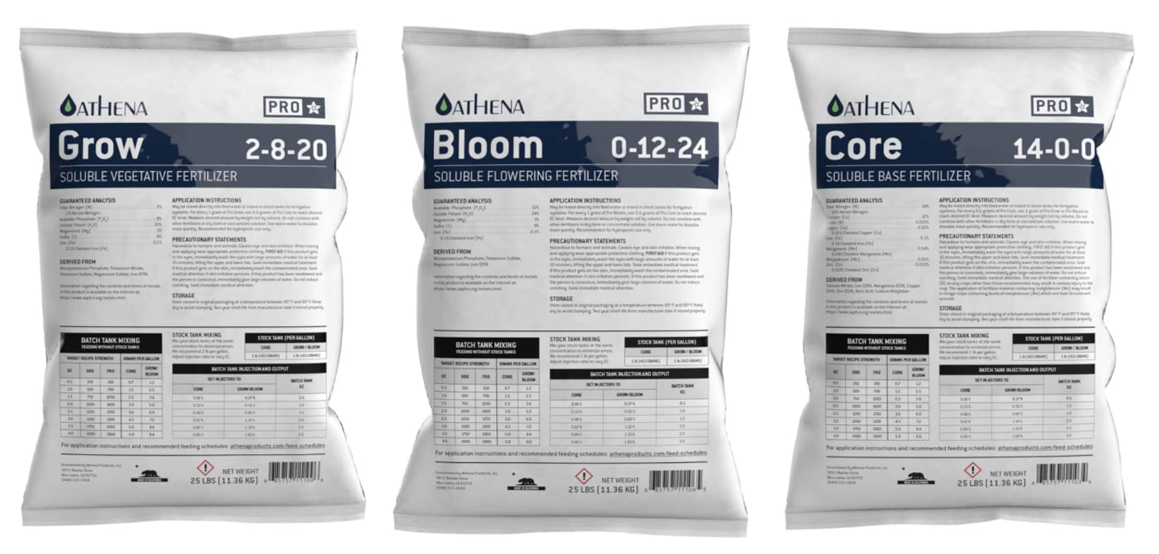 Athena Pro Bundle Set - Grow + Bloom + Core - 25 lb Bags of Each ...