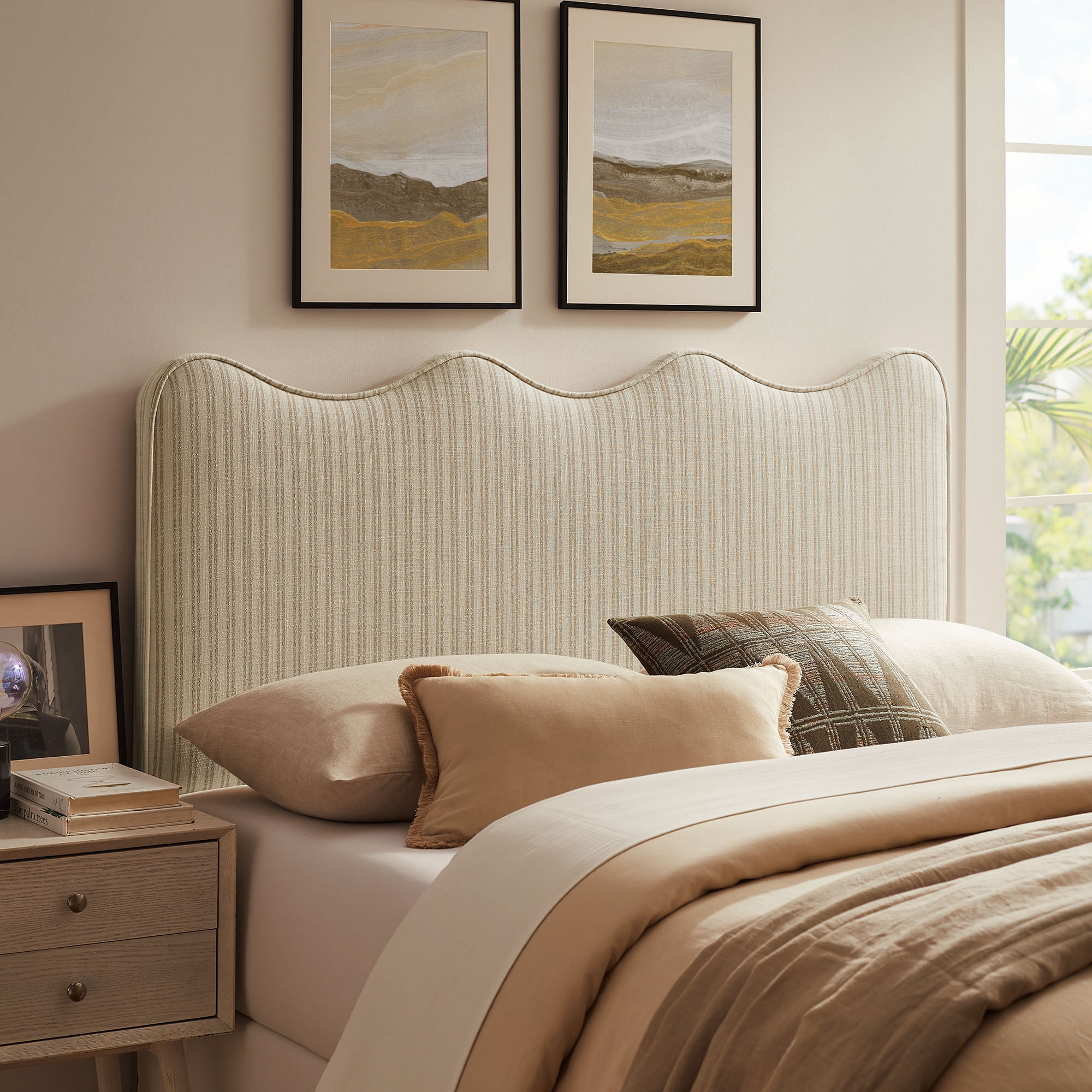 Athena Striped Fabric Upholstered Full Size Headboard in Oatmeal Stripe ...