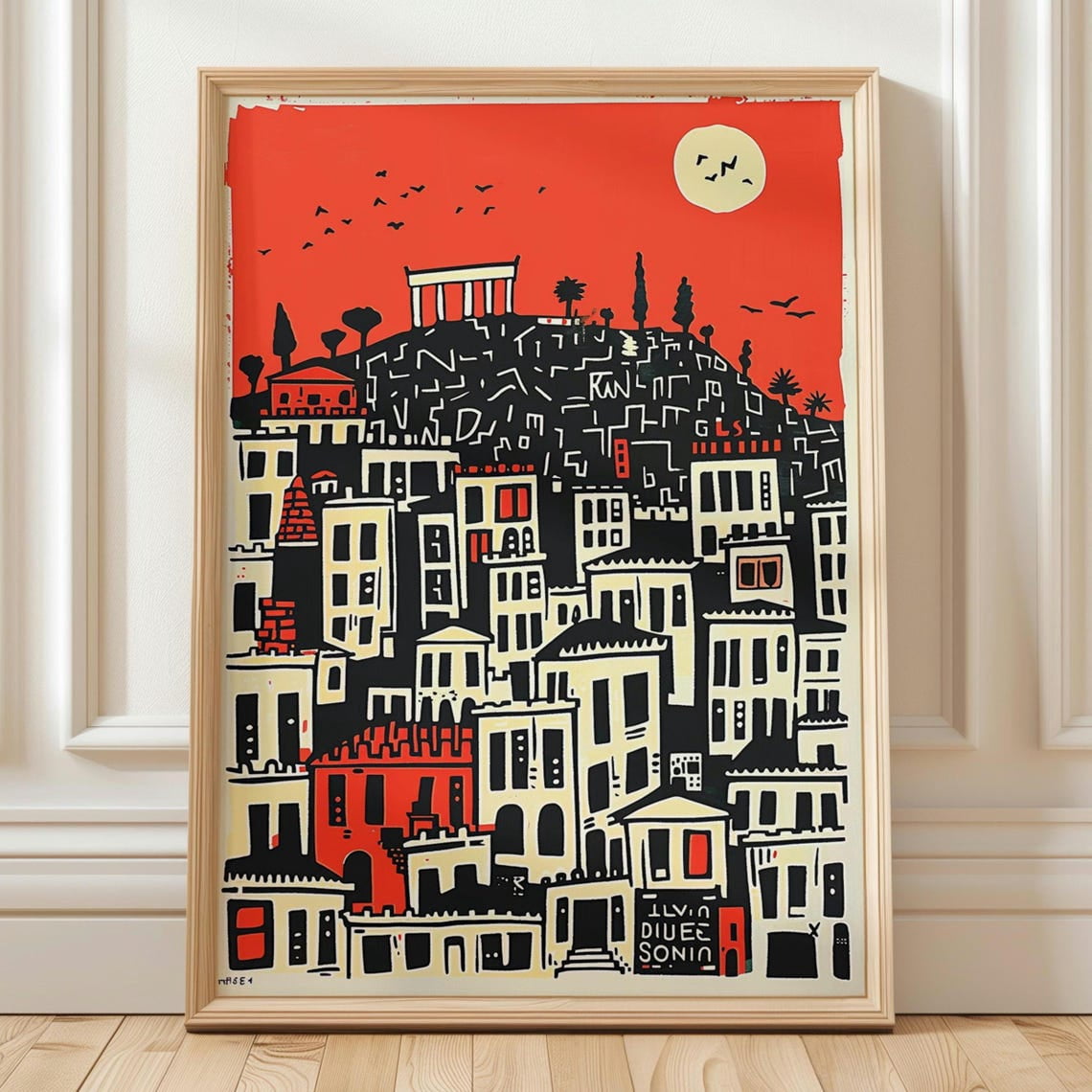 Athens Acropolis Red And Black Linocut Style Greek Poster Unframed ...
