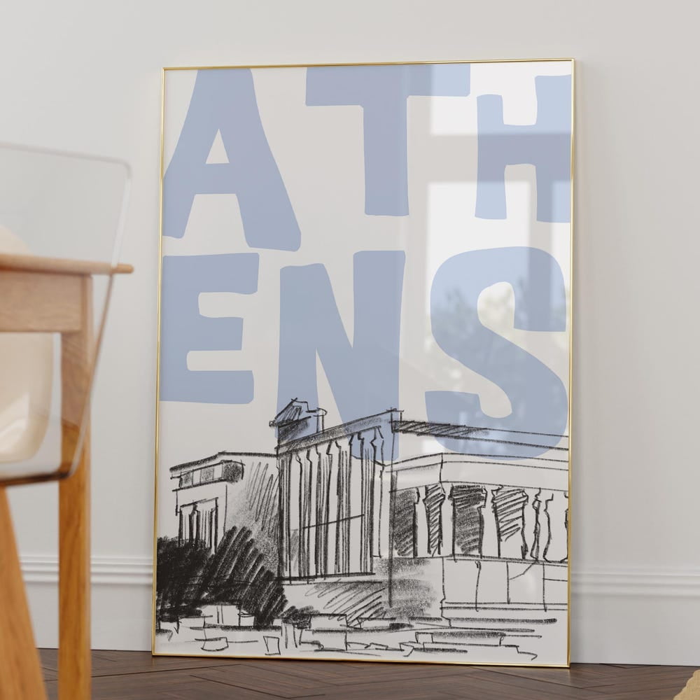 Athens Greece Art Print: Blue Travel Poster, Acropolis Sketch UNFRAMED ...