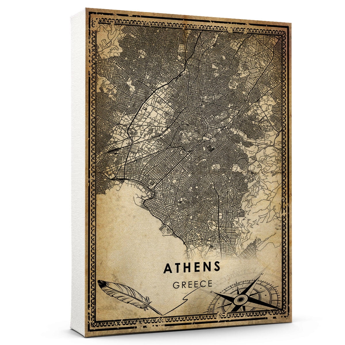 Athens Vintage Map Prints Canvas, Greece Map Art Canvas, Canvas, Athens ...