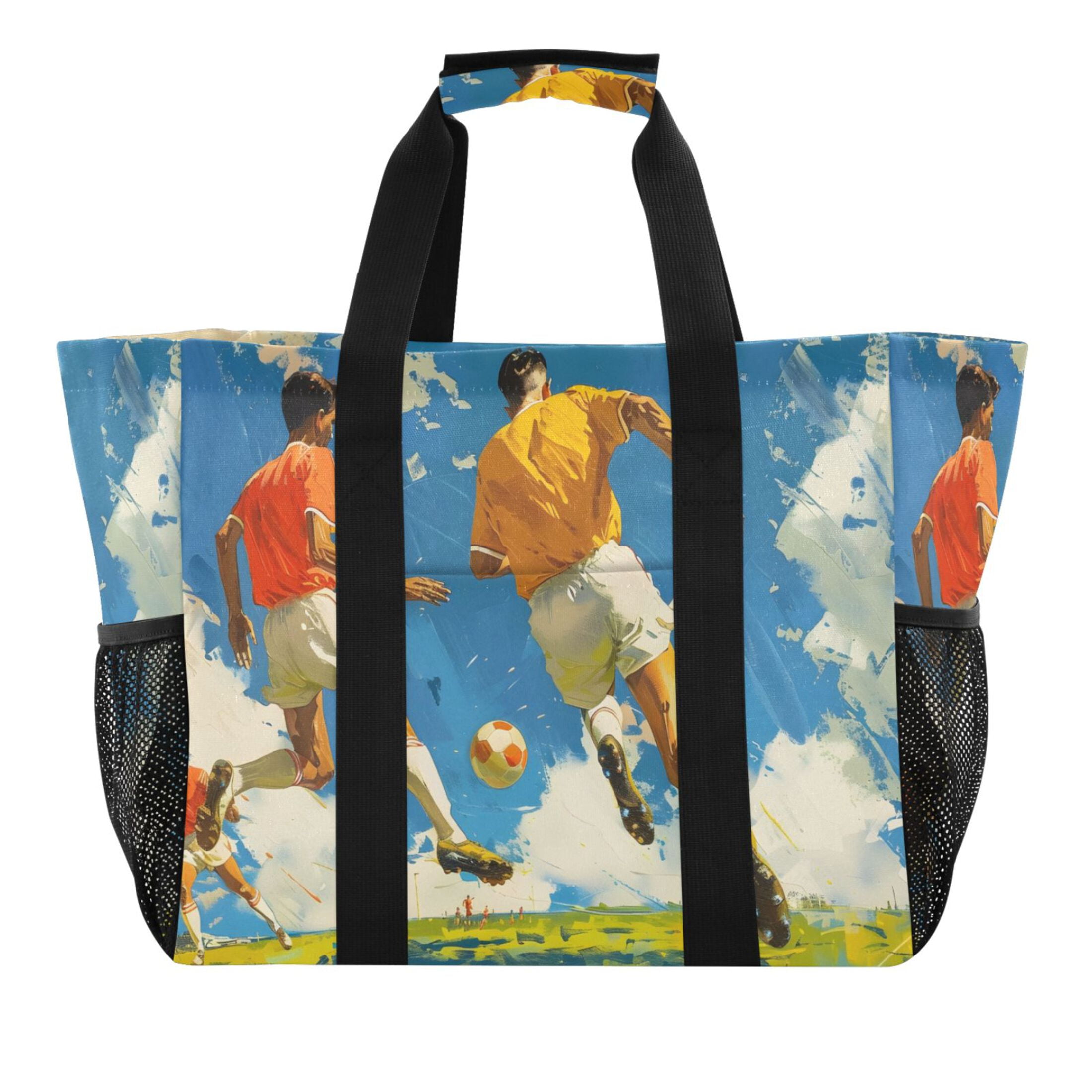 Athletes Playing Football Reusable Grocery Bags with Handle Side Pocket ...