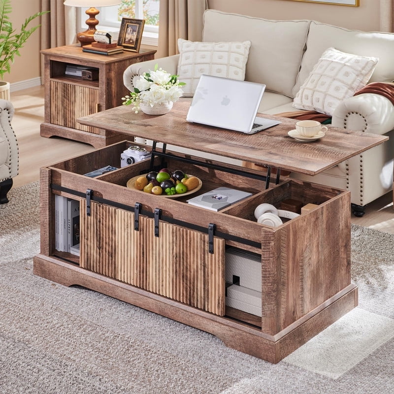 Athletgo 46" Fluted Lift Top Coffee Table with Sliding Door, Modern ...