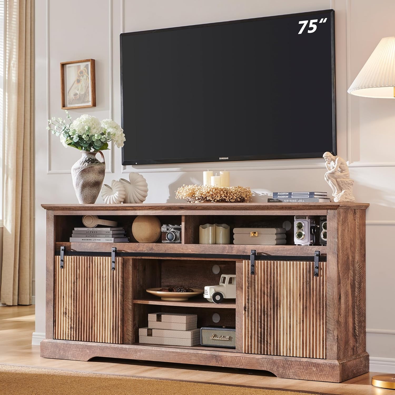 Athletgo Fluted TV Stand for 75 Inch TVs, 32" Tall Modern Entertainment ...